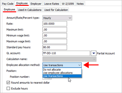 How do I set up a pay code to allocate based on transactions?