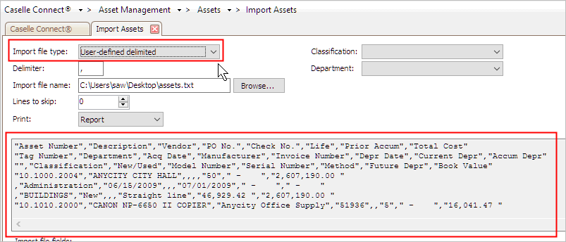 How do I import assets from a user-defined delimited file?
