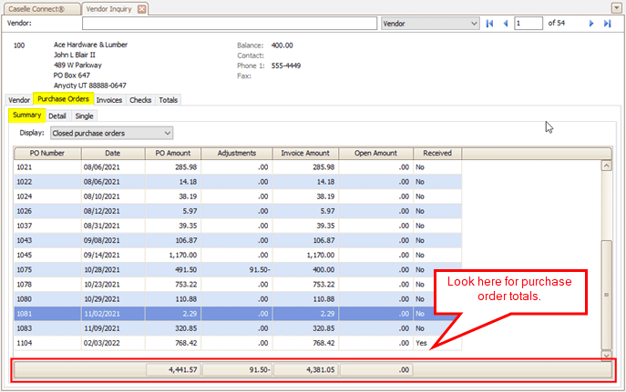 How do I find the purchase order total for open, closed, or both?