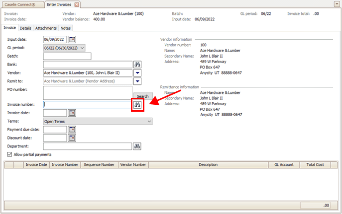 How do I search for an invoice number?