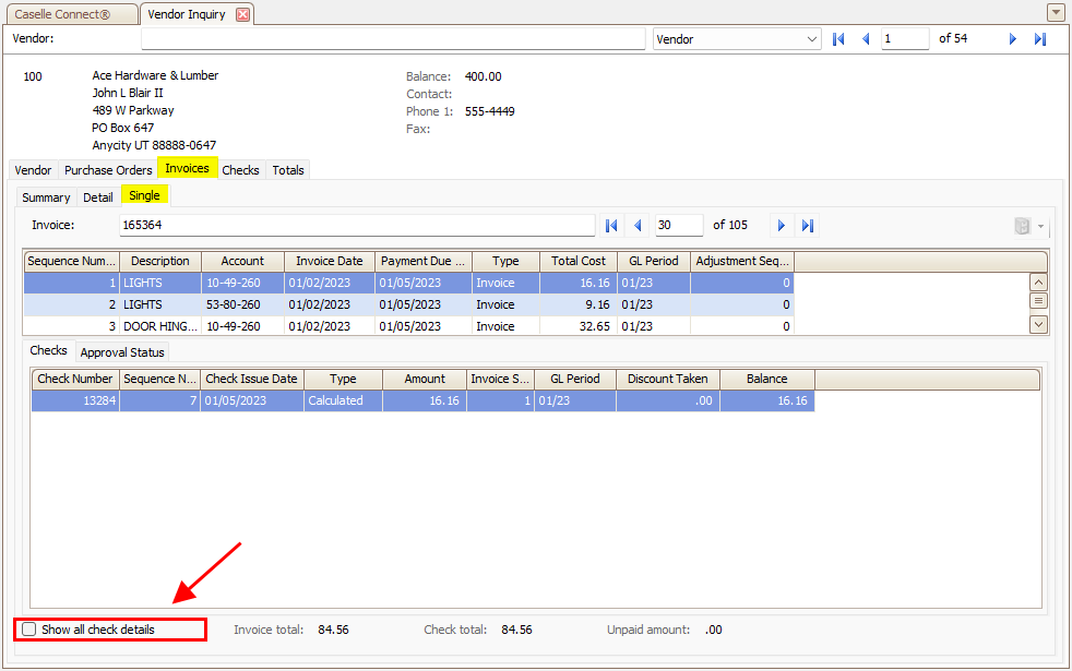 I want to set up Vendor Inquiry to always show the check detail for ...