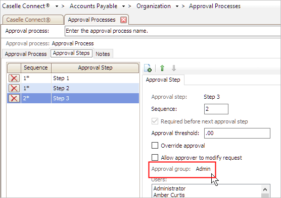 Which approval group is assigned to an approval step?