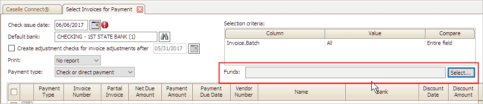 How do I select invoices for payment?