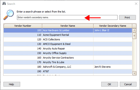 How do I search by a vendor's secondary name? (Invoices)