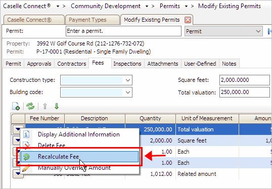 How do I adjust fee amounts on a permit?