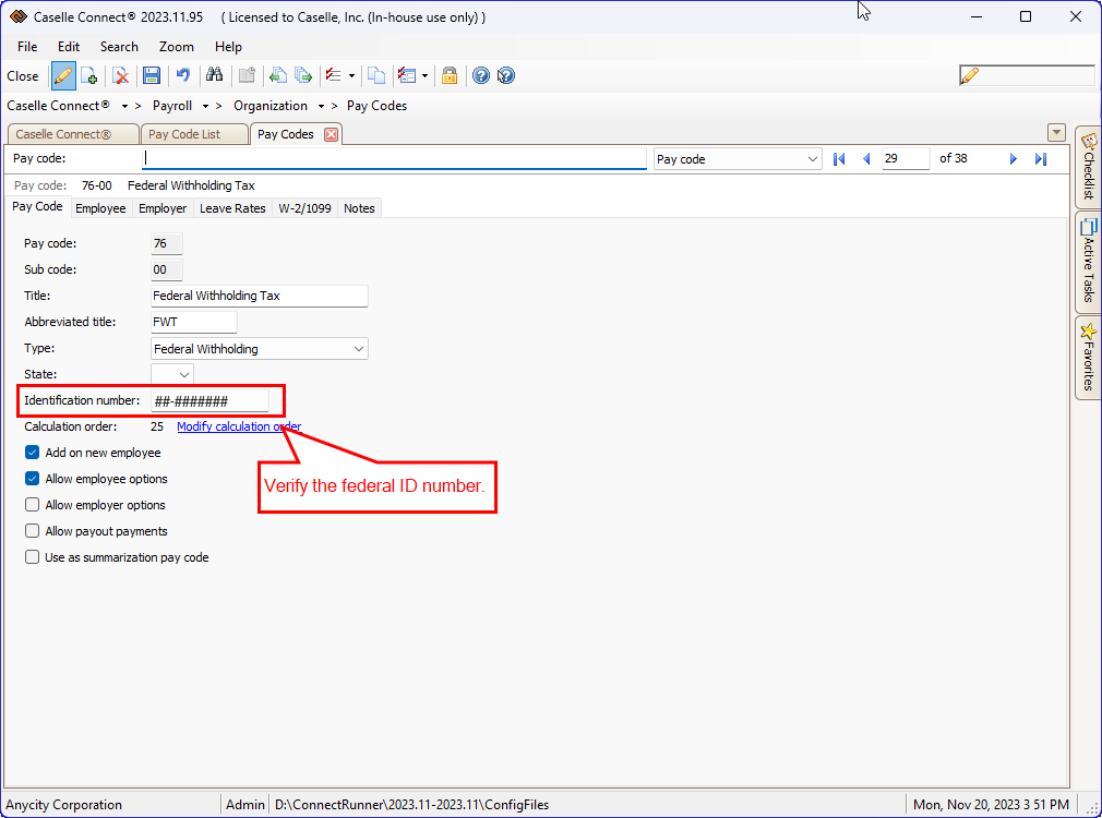 2b. Verify ID numbers for federal and state pay codes