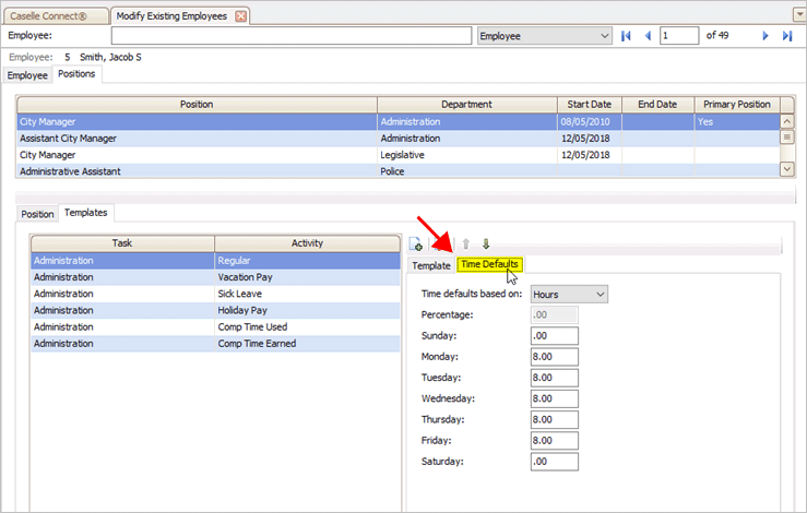 How do I set default time worked on an employee's timesheet?
