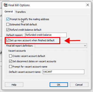 How do I change my default setting to set up a new account? (Final Bills)