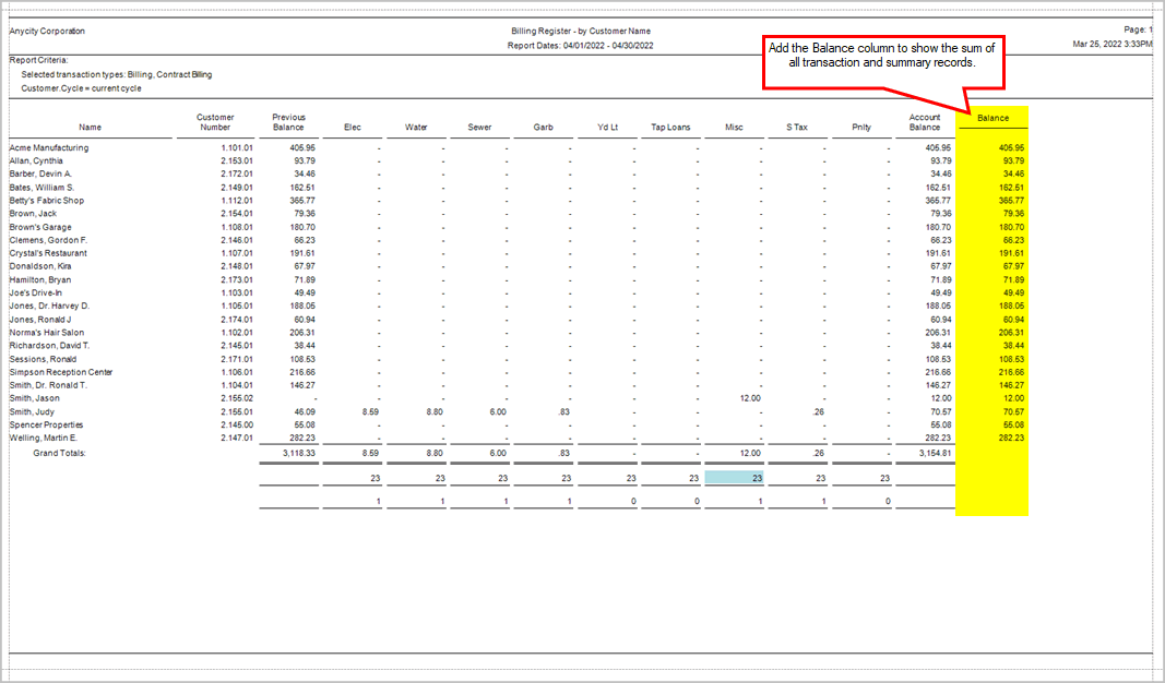 How do I show a report balance on a billing register?